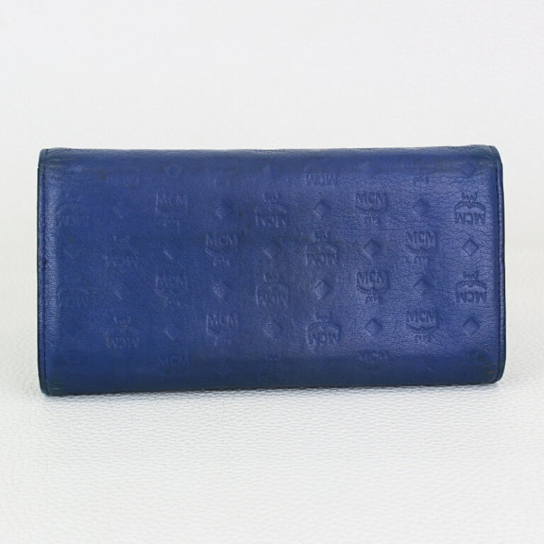 MCM Monogram Embossed Blue Leather Trifold Long Wallet - A&V Pawn