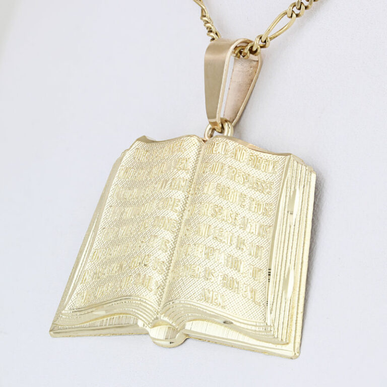 10K Yellow Gold Our Father Prayer Open Bible Lord’s Prayer Book Pendant ...